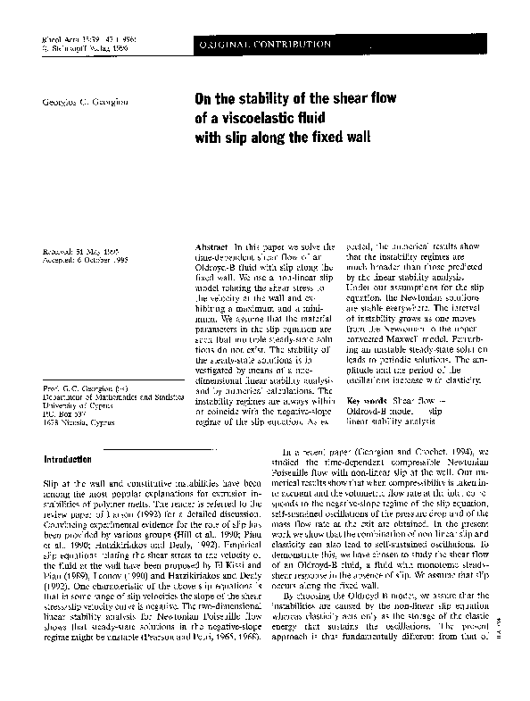 (PDF) On the stability of the shear flow of a viscoelastic fluid with slip along the fixed wall ...