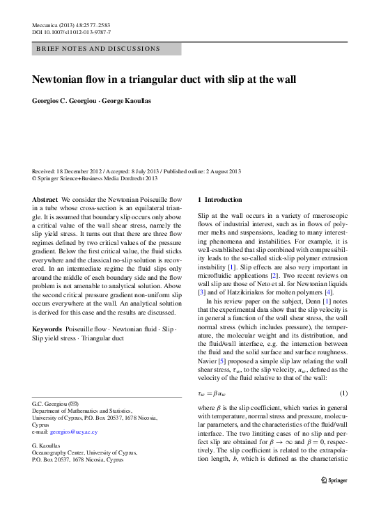 (PDF) Newtonian flow in a triangular duct with slip at the wall