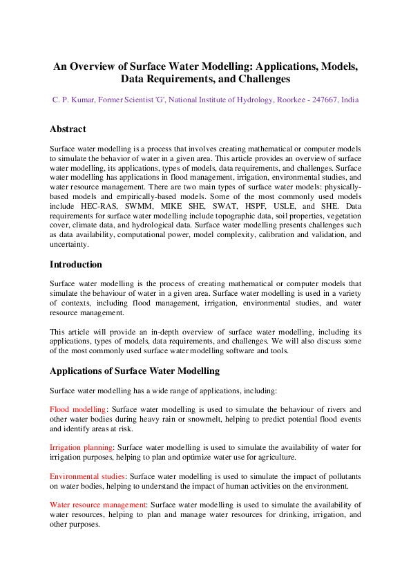 (PDF) An Overview of Surface Water Modelling: Applications, Models ...
