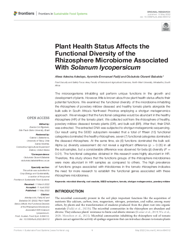 (PDF) Plant Health Status Affects the Functional Diversity of the ...