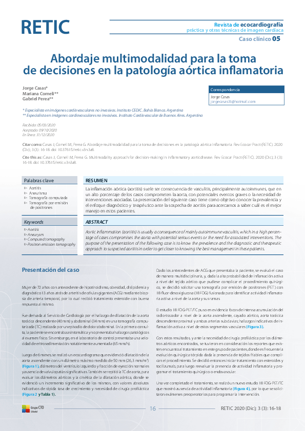 (PDF) Abordaje multimodalidad para la toma de decisiones en la patología aórtica inflamatoria