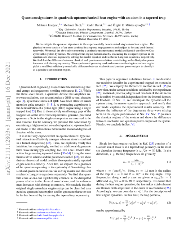 (PDF) Quantum signatures in a quadratic optomechanical heat engine with ...