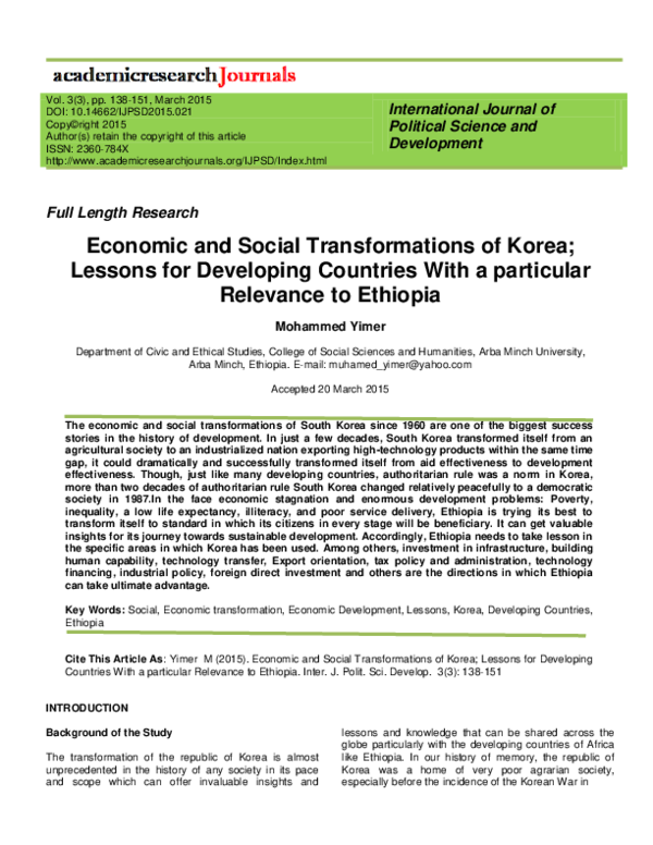 (PDF) Economic and Social Transformations of Korea; Lessons for ...