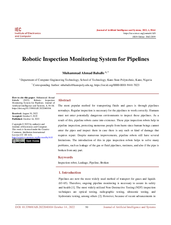 (PDF) Robotic Inspection Monitoring System for Pipelines