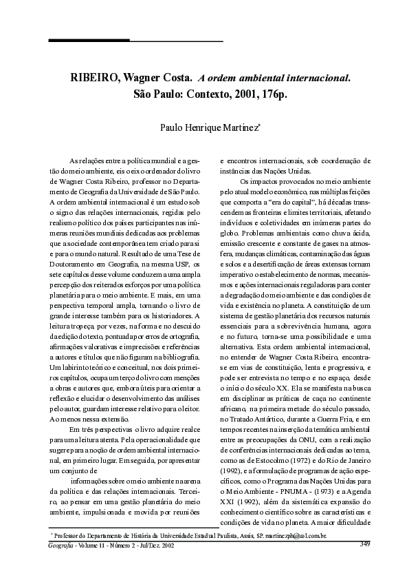 (PDF) RIBEIRO, Wagner Costa. A ordem ambiental internacional. São Paulo ...