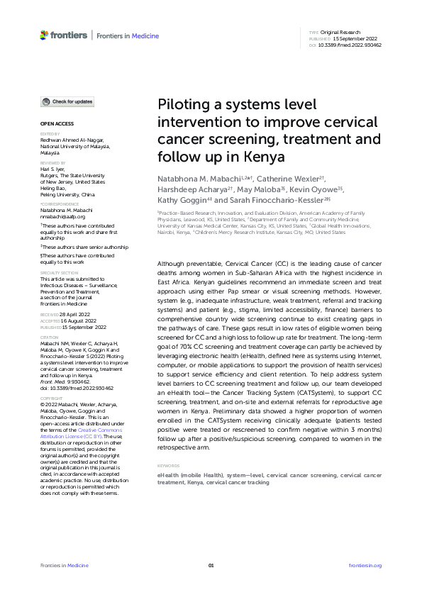 (PDF) Piloting a systems level intervention to improve cervical cancer screening, treatment and ...