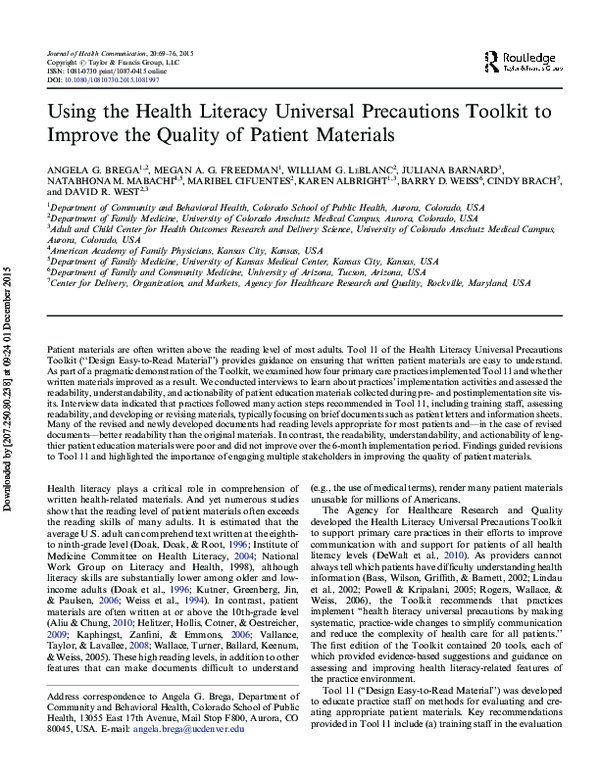 (PDF) Using the Health Literacy Universal Precautions Toolkit to ...