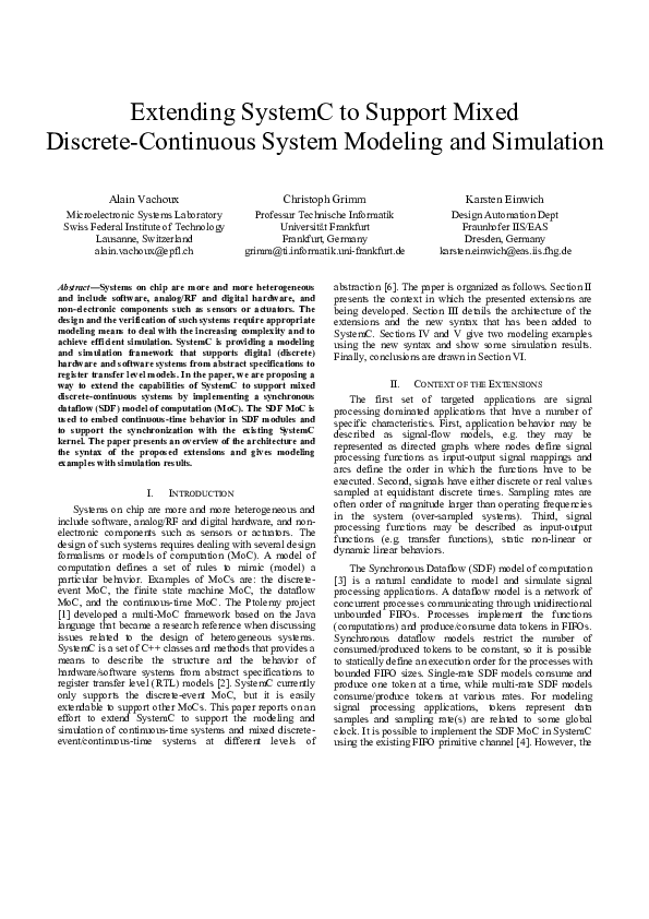 (PDF) Extending SystemC to Support Mixed Discrete-Continuous System Modeling and Simulation