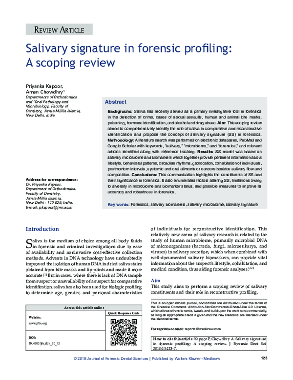 (PDF) Salivary signature in forensic profiling: A scoping review