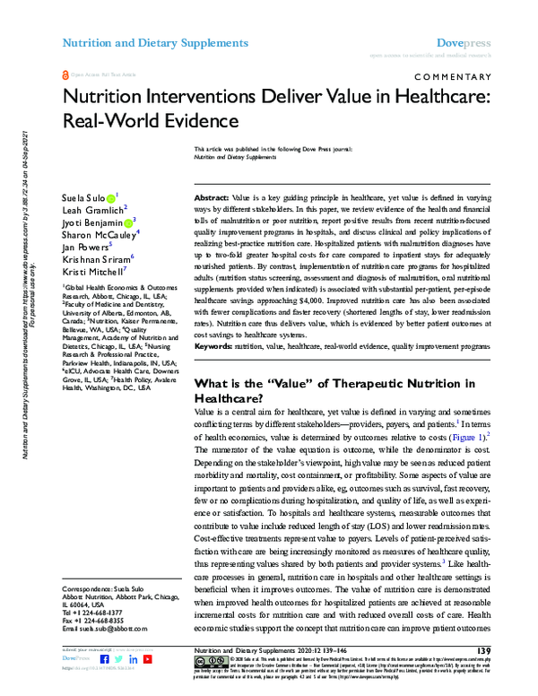 (PDF) Nutrition Interventions Deliver Value in Healthcare: Real-World ...