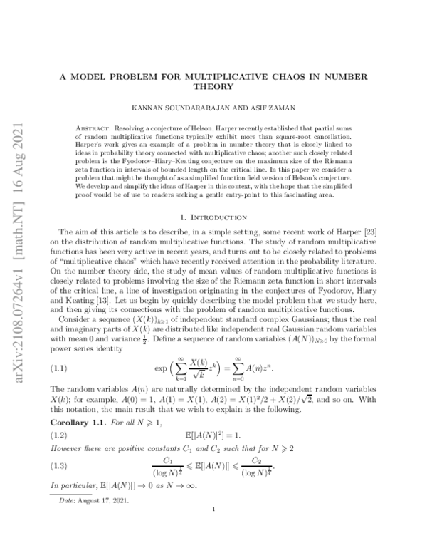 (PDF) A model problem for multiplicative chaos in number theory | Md. Asif Uz Zaman - Academia.edu