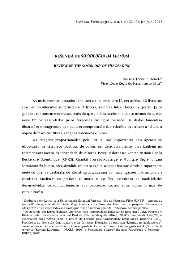 Pdf Sociologia Da Leitura