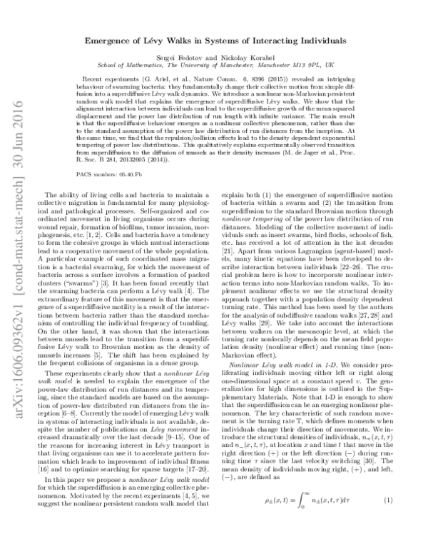 (PDF) Emergence of Lévy walks in systems of interacting individuals