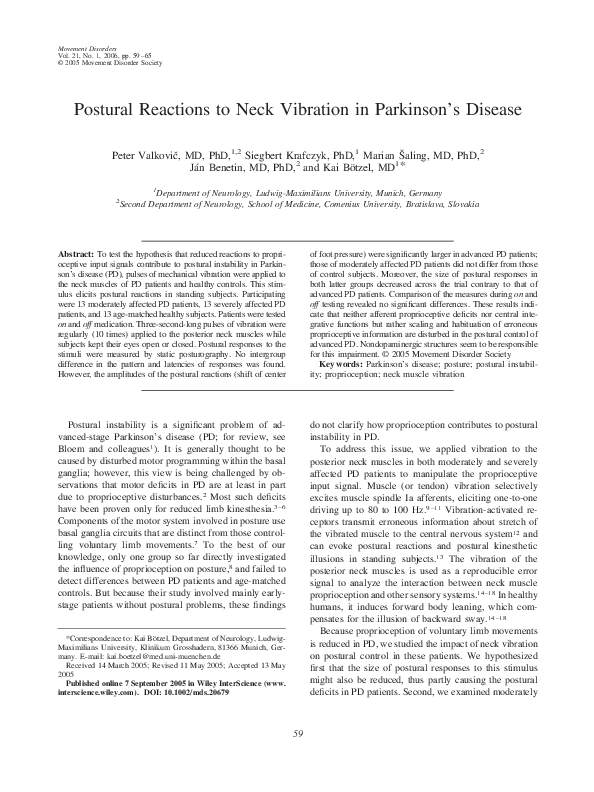 (PDF) Postural reactions to neck vibration in Parkinson's disease