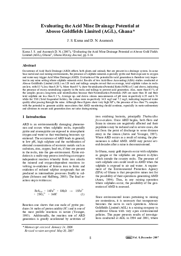 (PDF) Evaluating the Acid Mine Drainage Potential at Abosso Goldfields ...