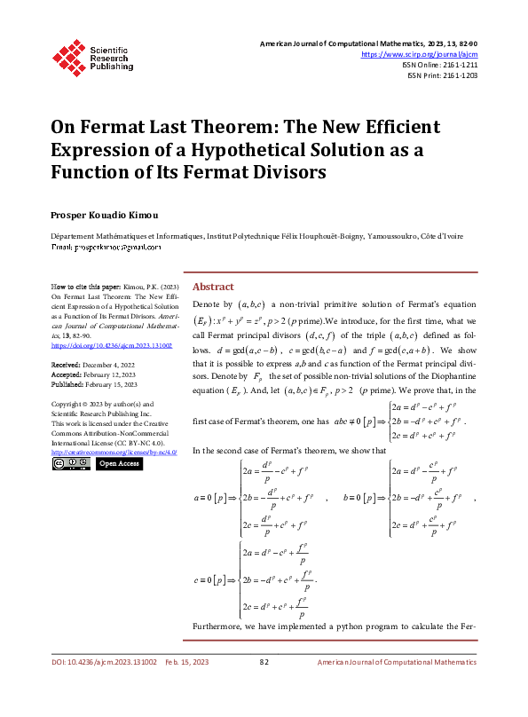 (PDF) On Fermat Last Theorem: The New Efficient Expression of a ...
