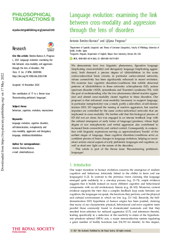 (PDF) Language evolution: examining the link between cross-modality and aggression through the ...