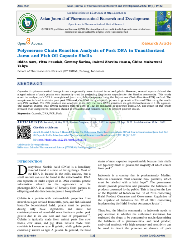 (PDF) Polymerase Chain Reaction Analysis of Pork DNA in Unauthorized ...