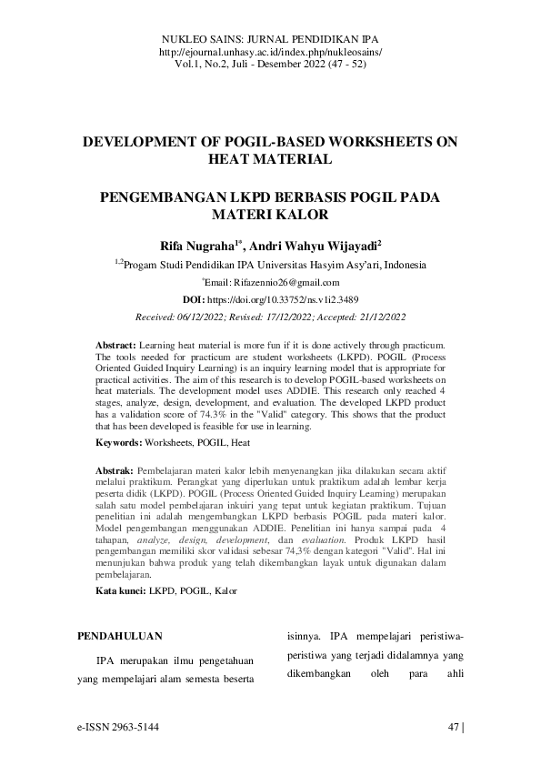 (PDF) Development of Pogil-Based Worksheets on Heat Material and Its ...