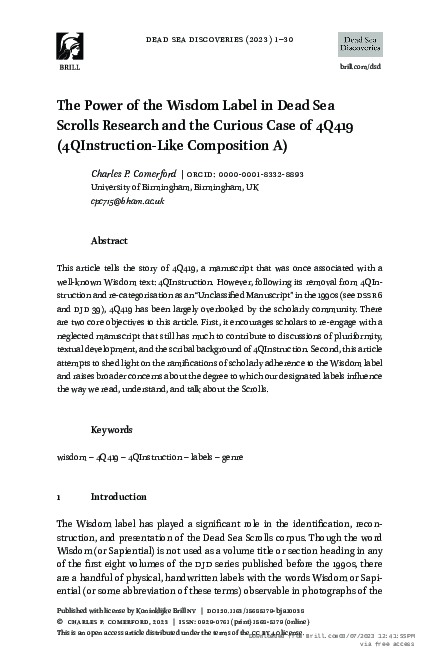 (PDF) The Power of the Wisdom Label in Dead Sea Scrolls Research and ...