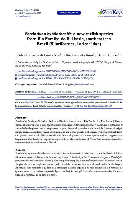 (PDF) Pareiorhina hyptiorhachis, a new catfish species from Rio Paraíba ...