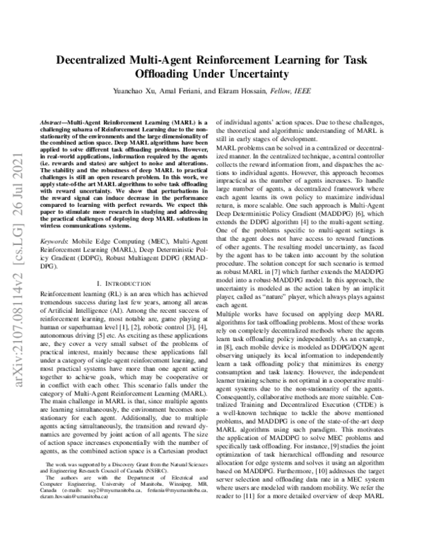 (PDF) Decentralized Multi-Agent Reinforcement Learning for Task Offloading Under Uncertainty