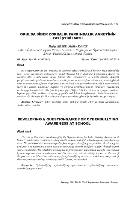 (PDF) Developing a Questionnaire for Cyberbullying Awareness at School