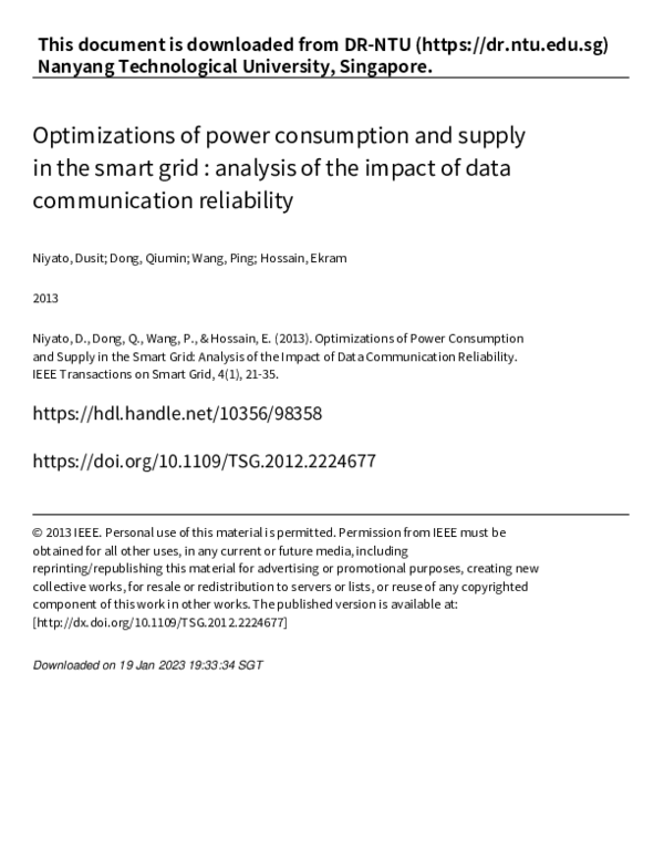 (PDF) Optimizations of Power Consumption and Supply in the Smart Grid: Analysis of the Impact of ...