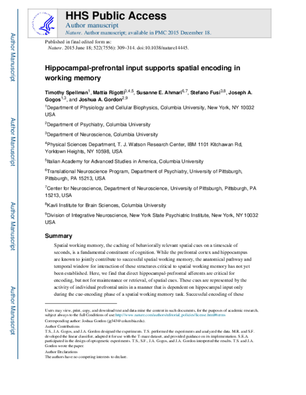 Pdf Hippocampalprefrontal Input Supports Spatial Encoding In Working