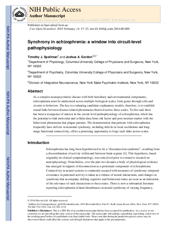(PDF) Synchrony in schizophrenia: a window into circuit-level ...