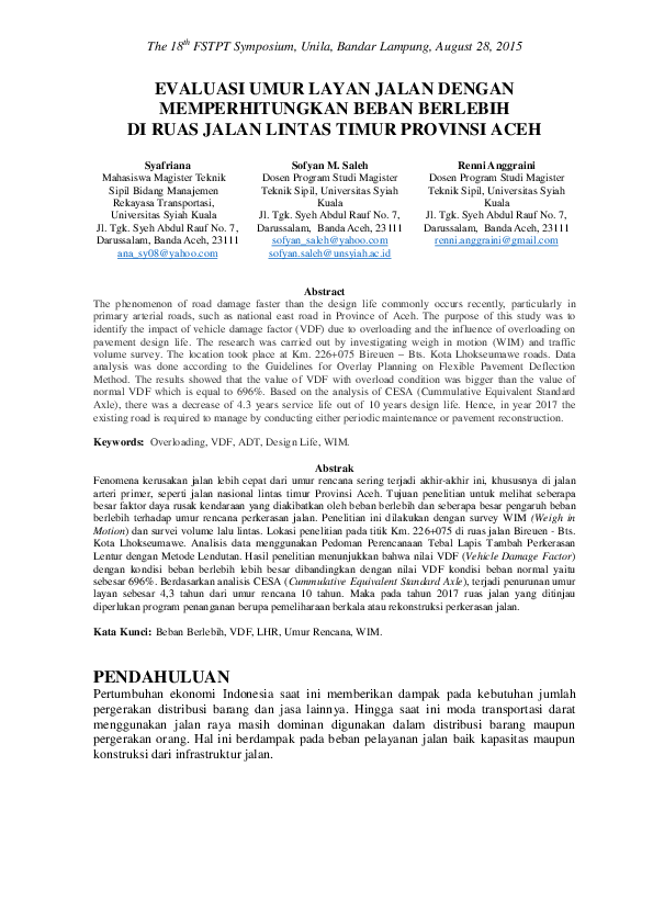 (PDF) Evaluasi Umur Layan Jalan Dengan Memperhitungkan Beban Berlebih ...