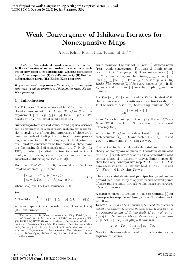 Pdf Weak Convergence Of Ishikawa Iterates