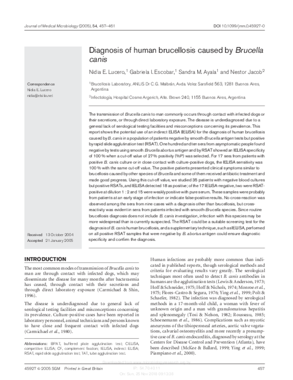(PDF) Diagnosis of human brucellosis caused by Brucella canis ...