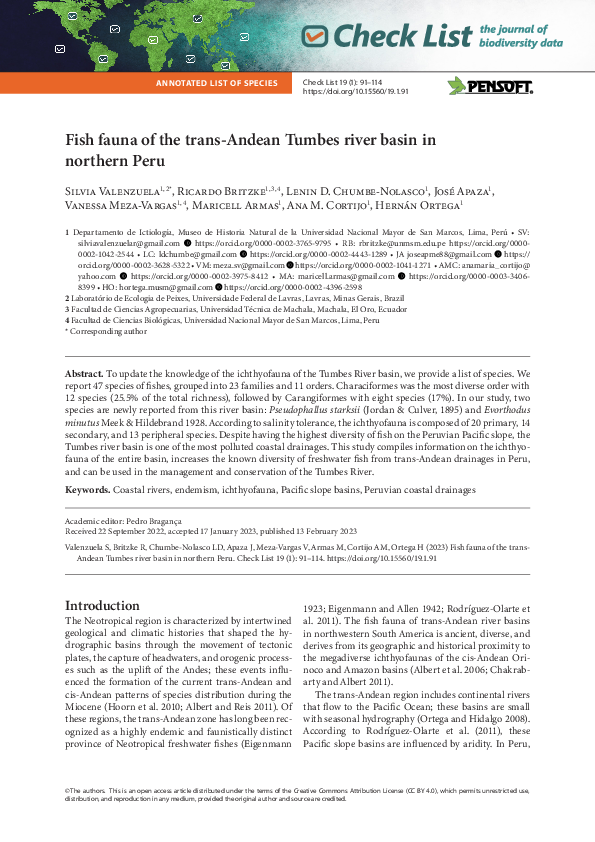 (PDF) Fish fauna of the trans-Andean Tumbes river basin in northern Peru