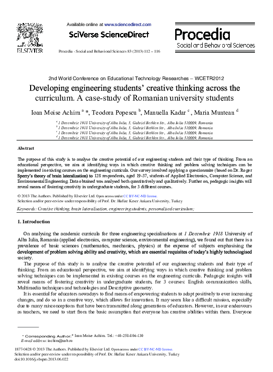 (PDF) Developing Engineering Students’ Creative Thinking Across the ...