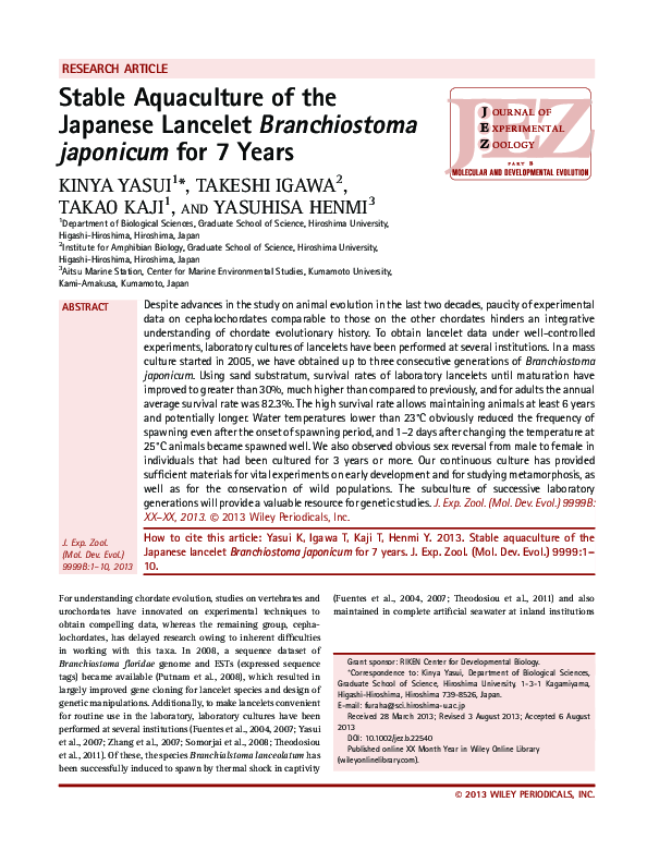 (PDF) Stable aquaculture of the Japanese lanceletBranchiostoma ...