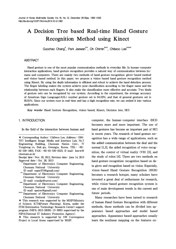 Pdf A Decision Tree Based Real Time Hand Gesture Recognition Method Using Kinect