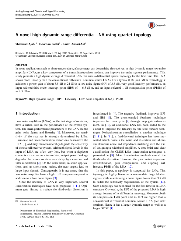 (PDF) A novel high dynamic range differential LNA using quartet topology