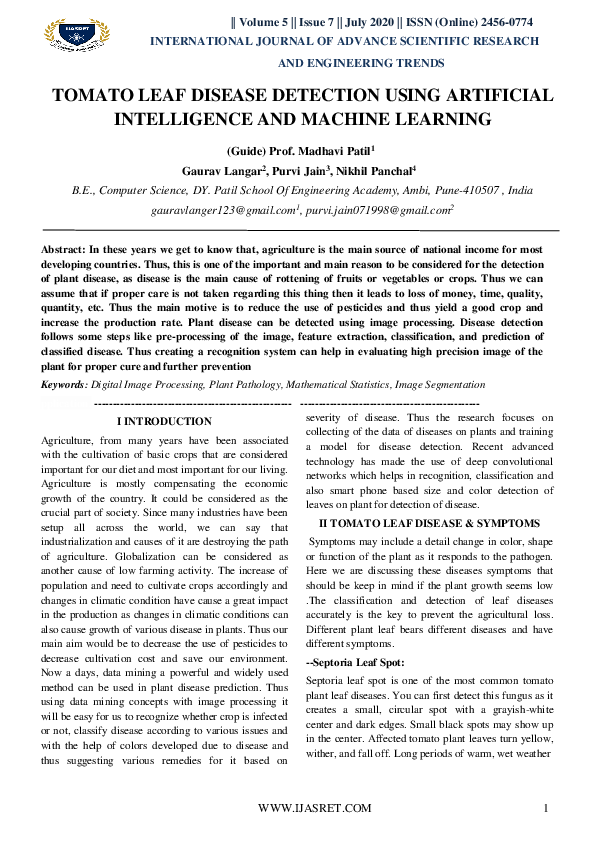 (PDF) Tomato Leaf Disease Detection Using Artificial Intelligence and ...