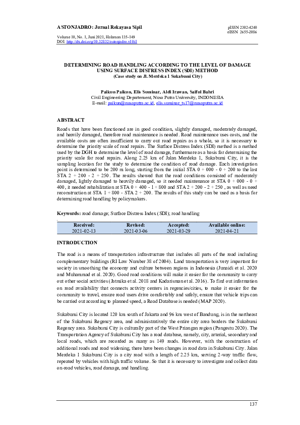 (PDF) Determining Road Handling According to the Level of Damage Using Surface Distress Index ...