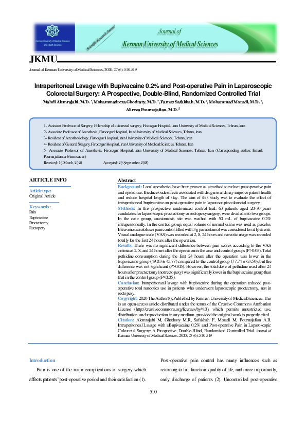 (PDF) Intraperitoneal Lavage with Bupivacaine 0.2% and Post-operative ...