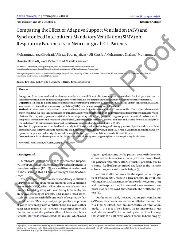 (PDF) Comparing the Effect of Adaptive Support Ventilation (ASV) and ...