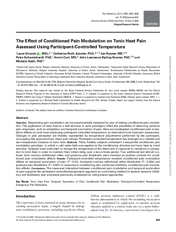 (PDF) The Effect of Conditioned Pain Modulation on Tonic Heat Pain ...