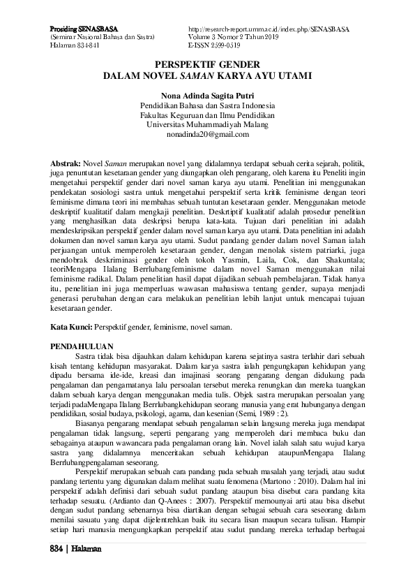 (PDF) Perspektif Gender Dalam Novel Saman Karya Ayu Utami