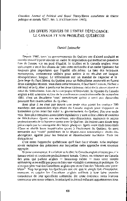 (PDF) Les effets pervers de l'entre dépendance: Le Canada et son probleme québécois