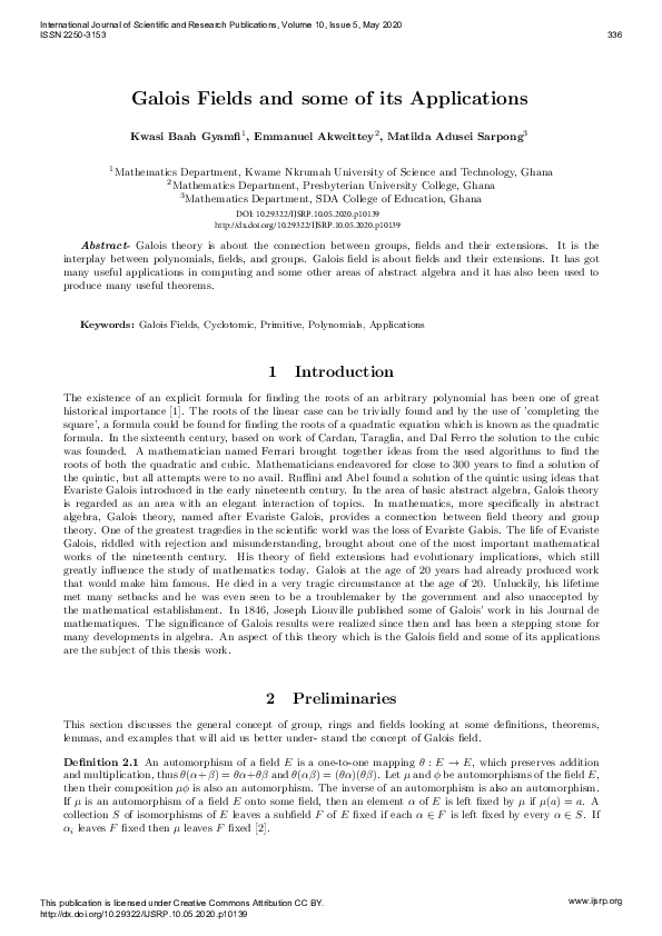 (PDF) Galois Fields and some of its Applications