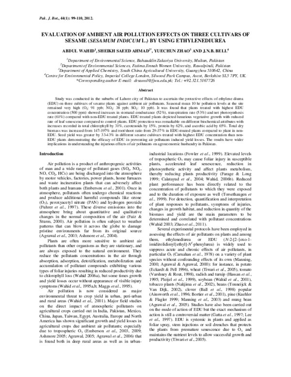 (PDF) Evaluation of Ambient Air Pollution Effects on Three Cultivars of ...