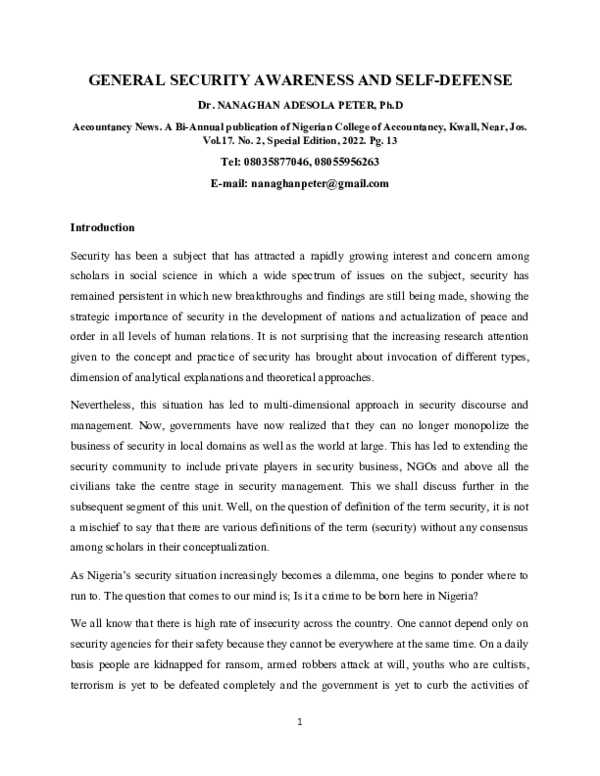 (DOC) GENERAL SECURITY AWARENESS AND SELF-DEFENSE