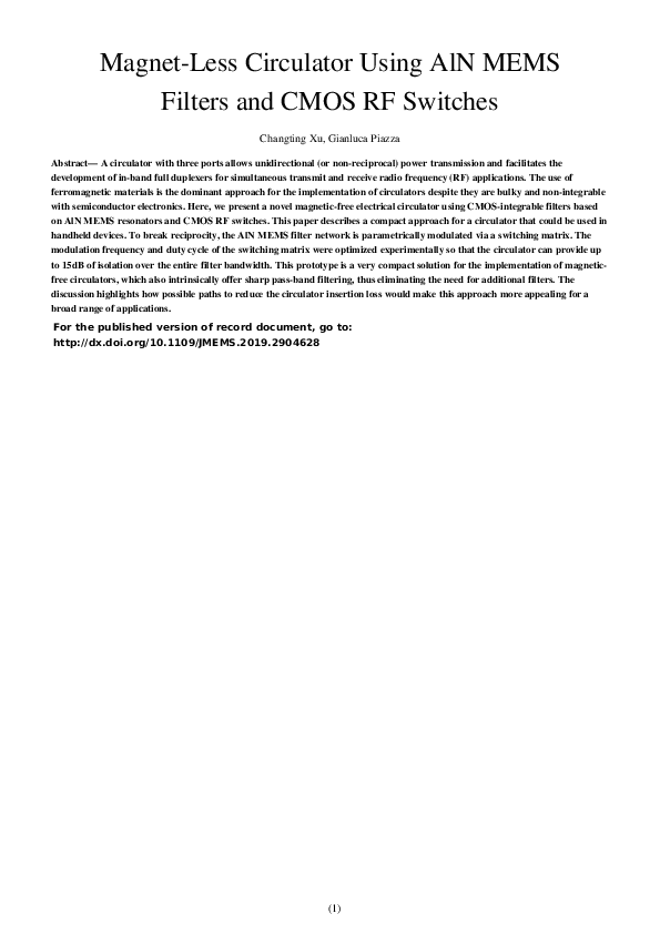 (PDF) Magnet-Less Circulator Using AlN MEMS Filters and CMOS RF Switches