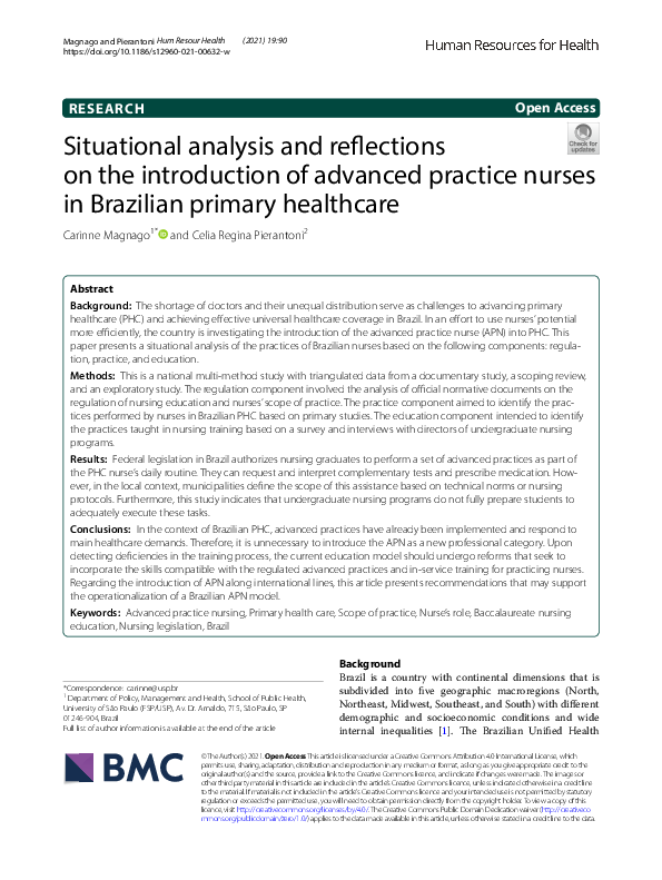 (PDF) Situational analysis and reflections on the introduction of advanced practice nurses in ...